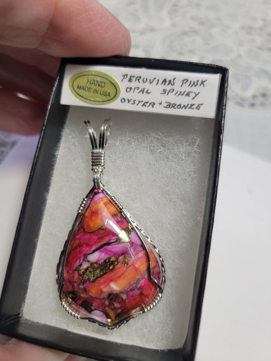 Custom Wire Wrapped Peruvian Pink Opal Spiney Oyster & Bronze Pendant ...