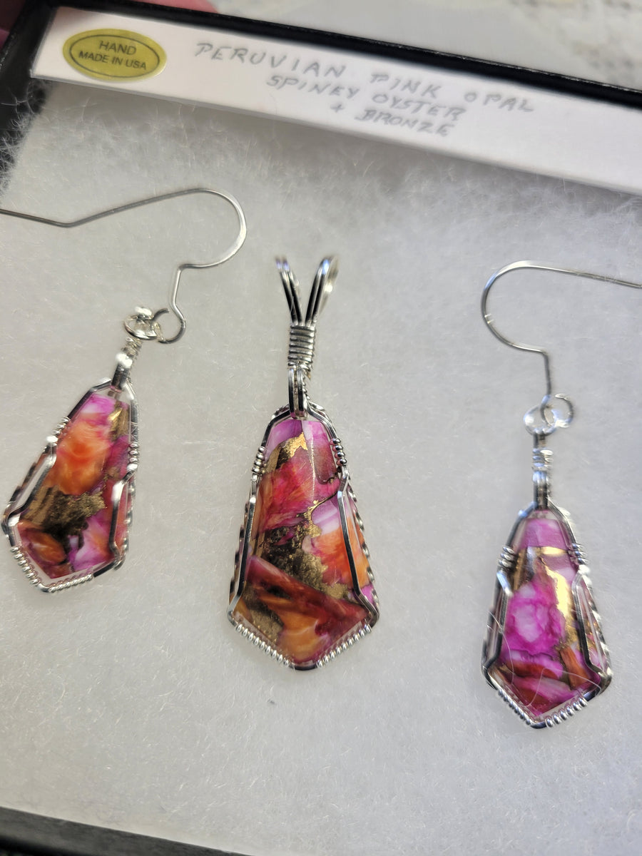 Custom Wire Wrapped Peruvian Pink Opal Spiney Oyster & Bronze Set: Pen ...